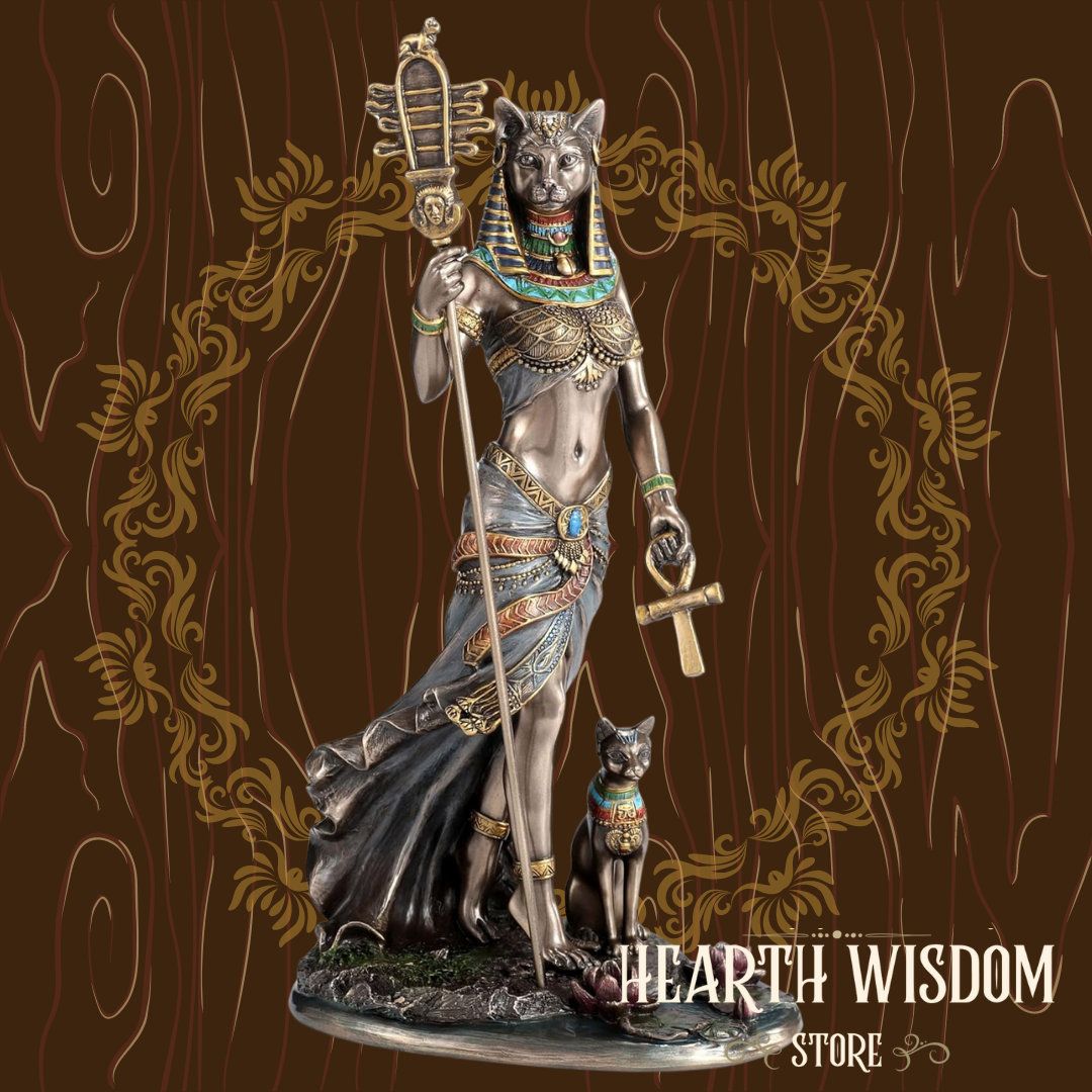 Egyptian Goddess Bastet Holding Sistrum Instrument and Ankh Cross with ...